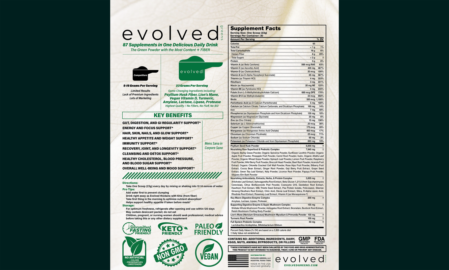 Full Supplement Facts – Evolved Greens